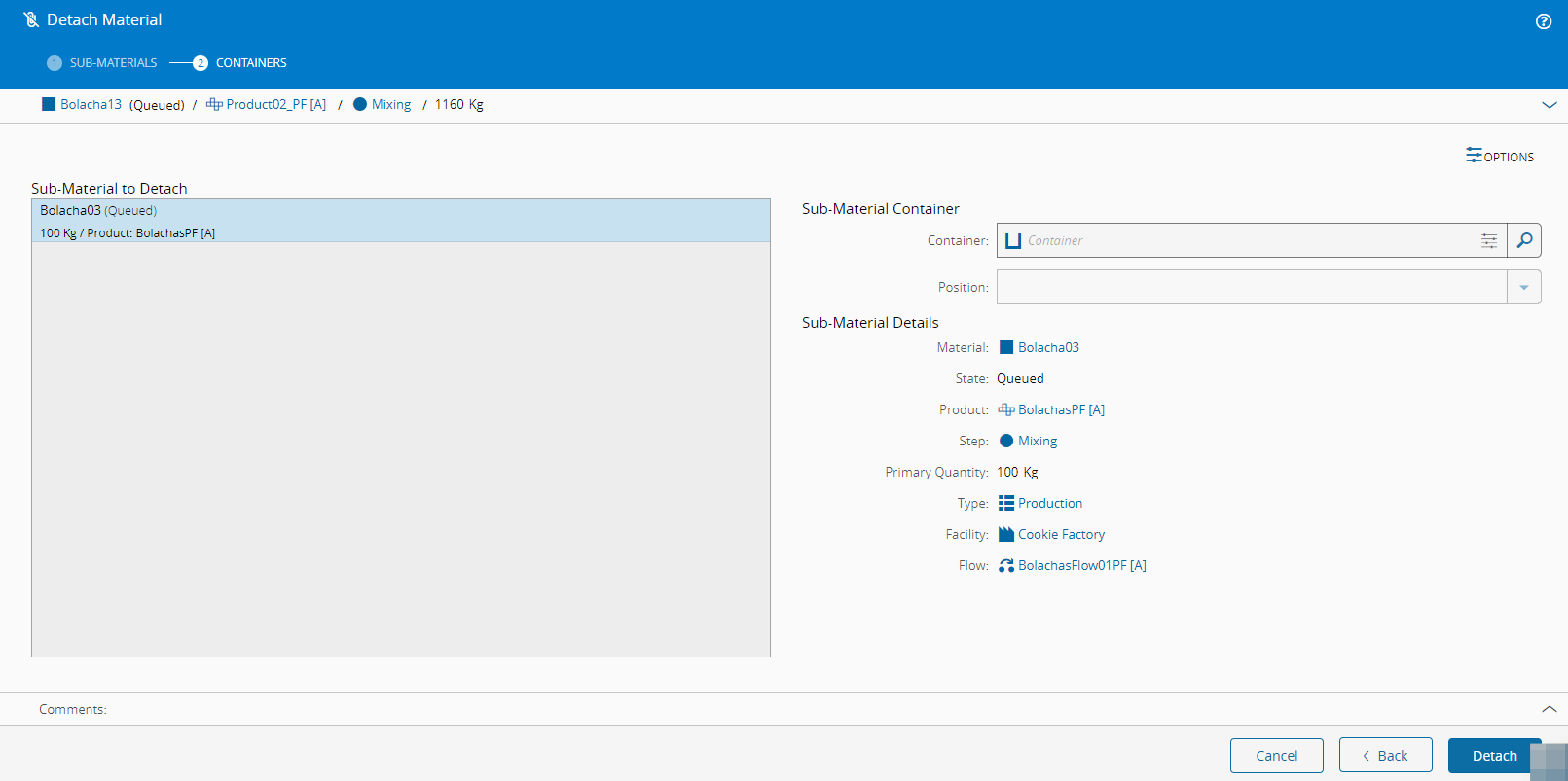 How to: Detach Material - Critical Manufacturing Documentation Portal
